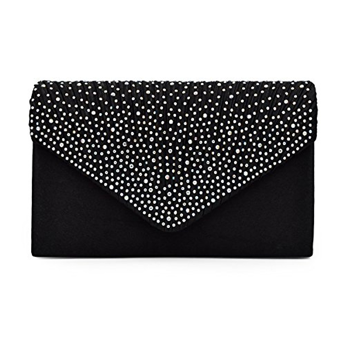 Premium Rainbow Rhinestones Pleated Front Satin Envelope Clutch Evening Bag, Black