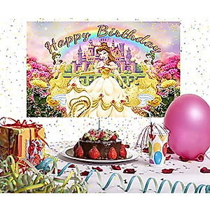 Princess Belle Backdrop for Birthday Party Supplies 5x3ft Beauty and The Beast Photo Backgrounds Belle Theme Baby Shower Banner for Birthday Cake Table Decoration