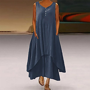 Ceboyel Women Plus Size Summer Dresses Women Irregular Hem Maxi Dress Cotton Linen Long Summer Dress Solid Color Boho Flowy Dress Beach Clothing 2023 Blue 3X