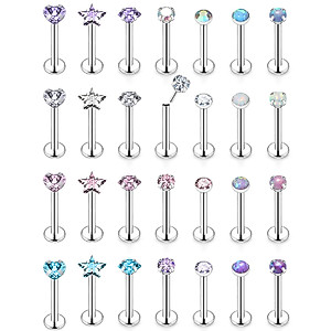 Vsnnsns 20G Threadless Push in Lip Rings Stainless Steel Labret Jewelry Monroe Nail Cartilage Tragus Helix Earrings Studs Nose Ring Medusa Piercing Jewelry For Women Men 20 Gauge CZ Opal 6MM Length