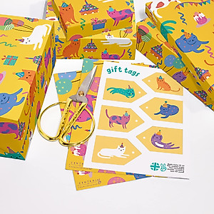 CENTRAL 23 Cat Birthday Wrapping Paper - 6 Sheets Yellow Gift Wrap - Cat Themed Gifts For Girls - Cat Wrapping Paper For Men And Women - Comes With Cute Stickers
