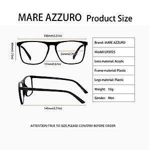 MARE AZZURO Reading Glasses Men Square Reader 0 100 125 150 175 200 225 250 275 300 350 400 500 600 (Black 1.25)