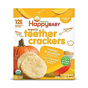 Happy Baby Organics Baby Snacks, Gentle Teething Crackers, Gluten Free & Vegan, Mango & Pumpkin, 12 Count (Pack of 6)