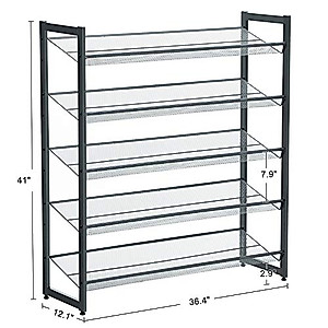 SONGMICS Shoe Rack, 5-Tier Stackable Shoe Storage Shelf, Metal Mesh, Flat or Angled Shoe Organizer Rack for 20 to 25 Pairs of Shoes, Short Boots, High Heels, Grey