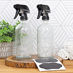 Cornucopia 16oz Clear Glass Spray Bottles w/Chalk Labels (2 Pack); Boston Round Bottles with 3-Setting Adjustable Heavy Duty Sprayers