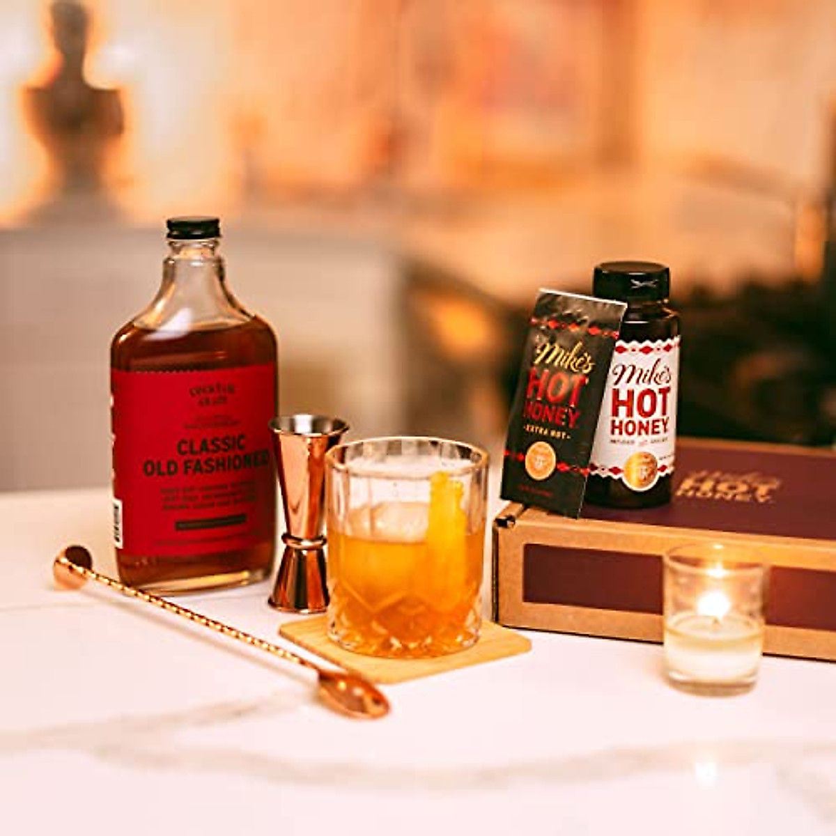 Mike's Hot Honey Cocktail Gift Set - Old Fashioned Cocktail Kit with Rose Gold Cocktail Jigger and Bar Spoon, Classic Old Fashioned Cocktail Mix, Mikes Hot Honey, 2 Coasters & Recipe Book
