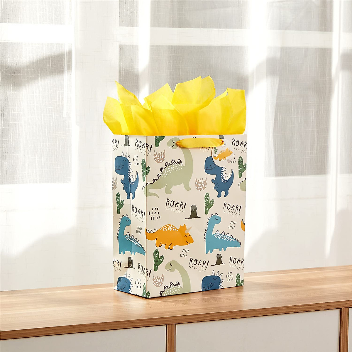 SUNCOLOR 13" Large Gift Bag with Tissue Paper for Kids (Dinosaurs)