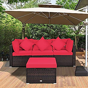 Tangkula 4 Pieces Patio Furniture Set, All Weather Outdoor Sectional Rattan Sofa Set w/Removable Cushions & Pillows, Wicker Conversation Set with Heavy-Duty Steel Frame for Backyard Garden Poolside