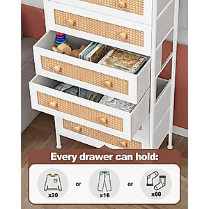 Crestlive Products Rattan Dresser Storage Tower, Tall Fabric Dresser, Chests of Drawers, Wood Top &Wood Handles - Organizer Unit for Bedroom, Hallway, Entryway, Closets - 6 Drawers (White)