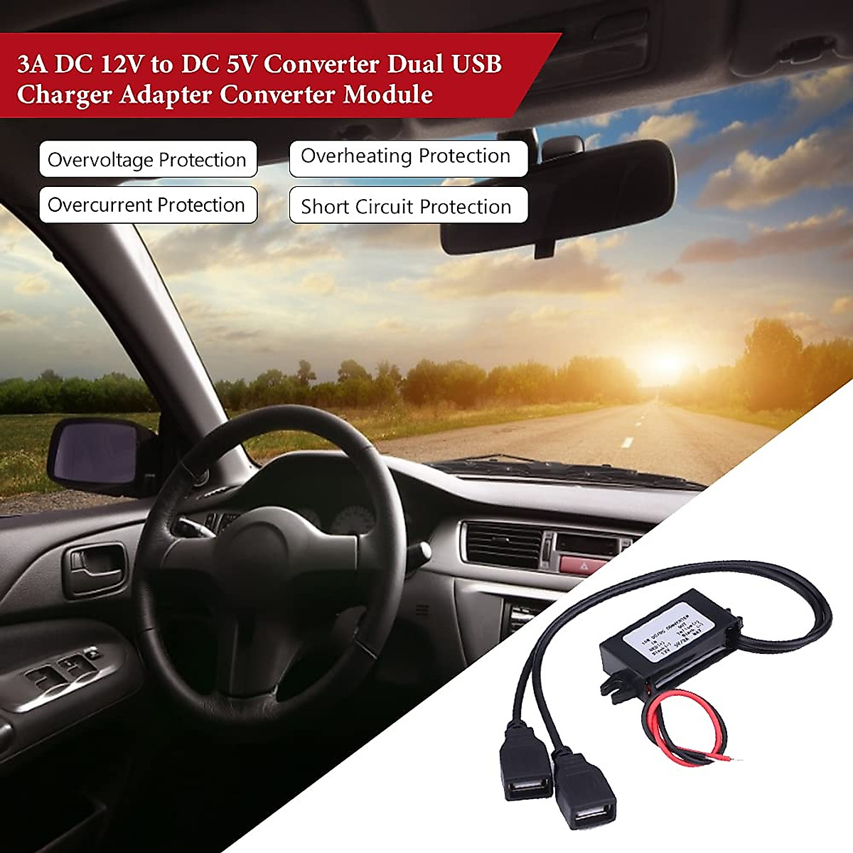 DC Converter 12V to 5V 3A 15W DC Buck Converter Module, DC to DC Reduced Voltage Regulator Car Power Converter Output Power Adapter (Double USB Interface)