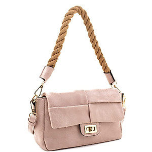 Boho Rope Handle Soft Vegan Leather Hobo Handbag Shoulder Bag Crossbody Purse (Shoulder Bag Style - Dusty Rose)
