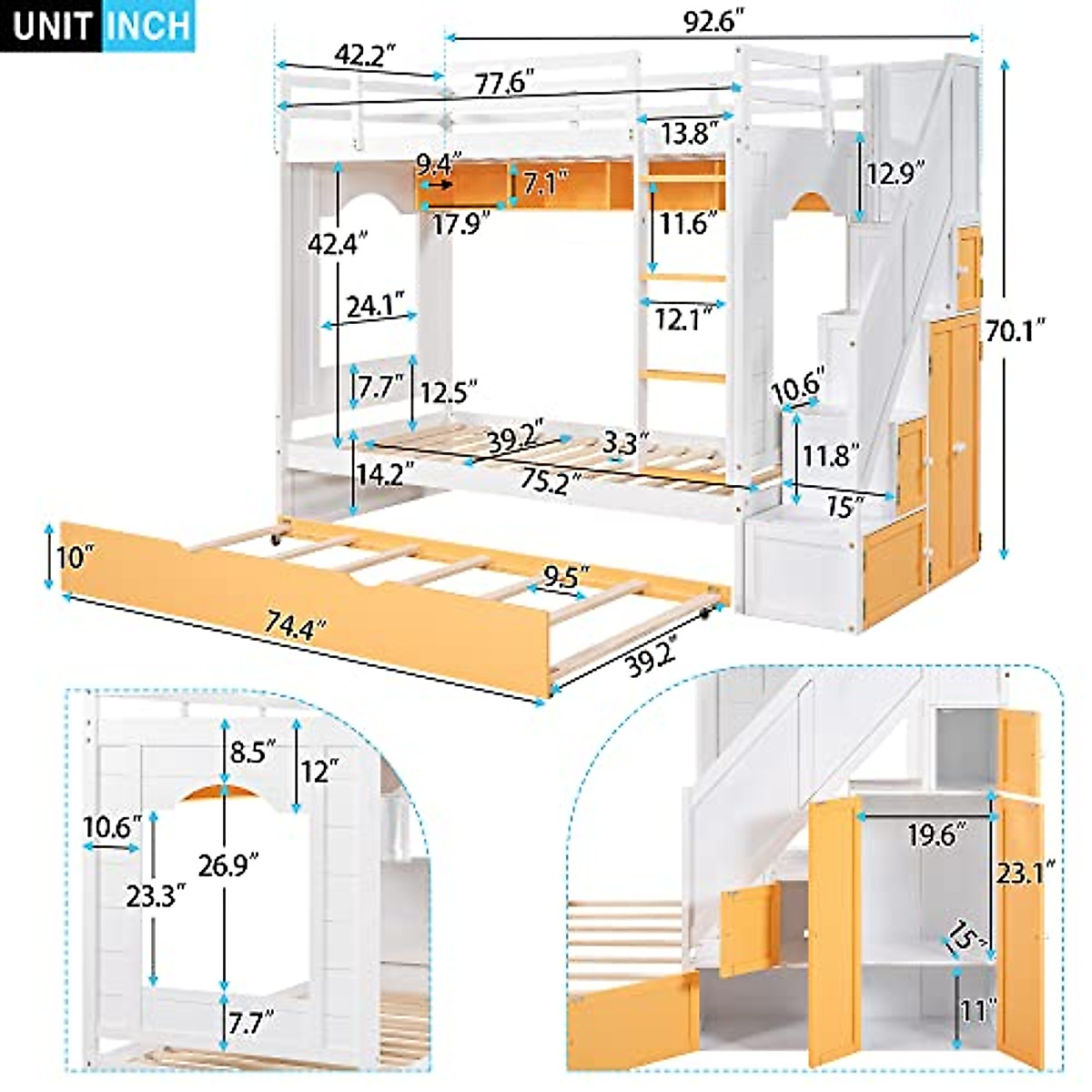 HomSof Twin Over Twin Bunk Bed with Trundle,Stairs,Ladders Solid Wood Bunk Bed with Storage Cabinet （White + Yellow）