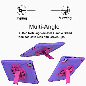 Kids Case for 10.9-inch iPad Air 5th/4th Generation (2022/2020)/iPad Pro 11-inch (2020/2018) with Built-in Screen Protector, 360° Rotating Stand, Hand Strap & Three Layer Cover (Purple + Hot Pink)