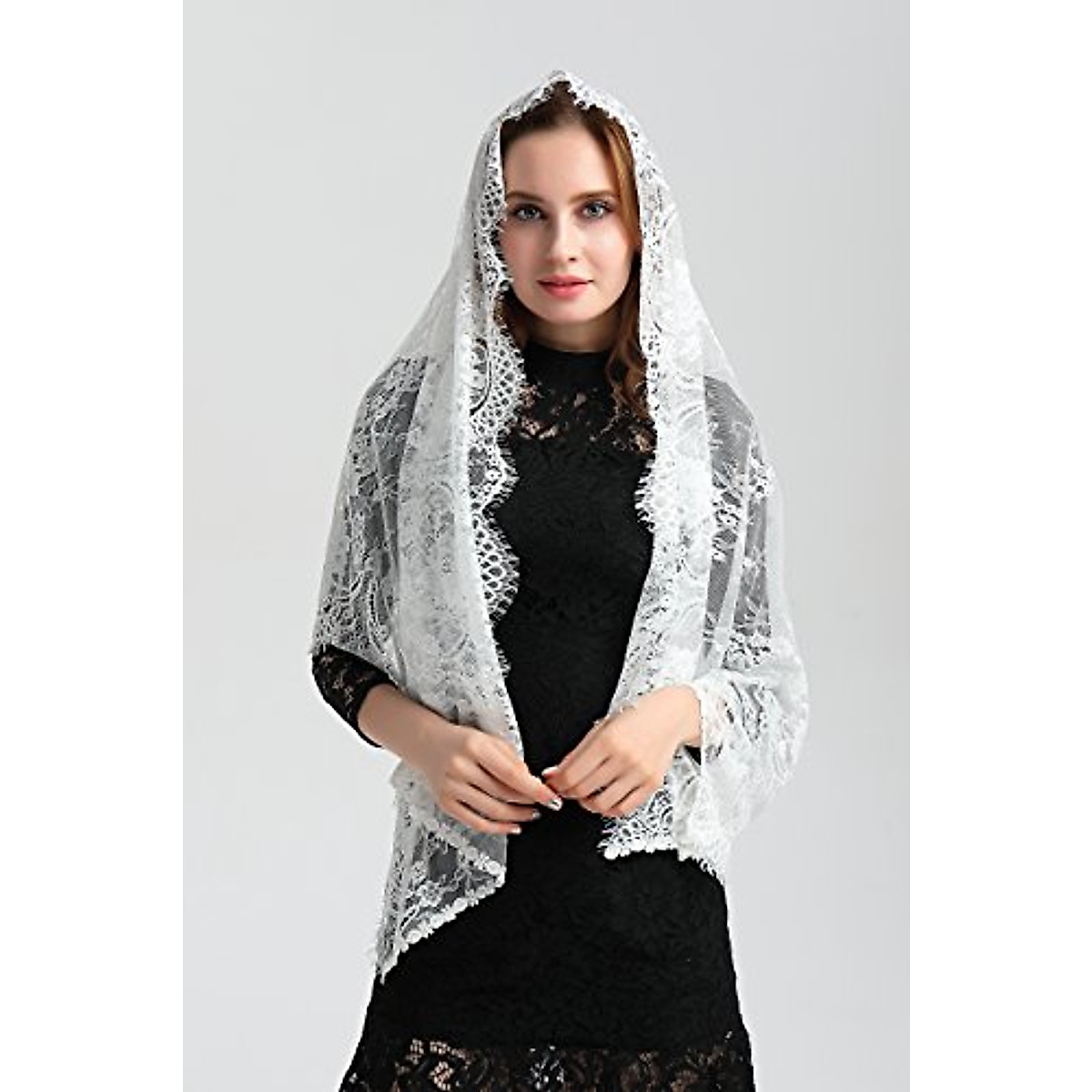 Leimandy Wedding Vintage Floral Lace Scarf Mantilla Veil Catholic Lace Shawl Party Wraps S04 (Ivory)