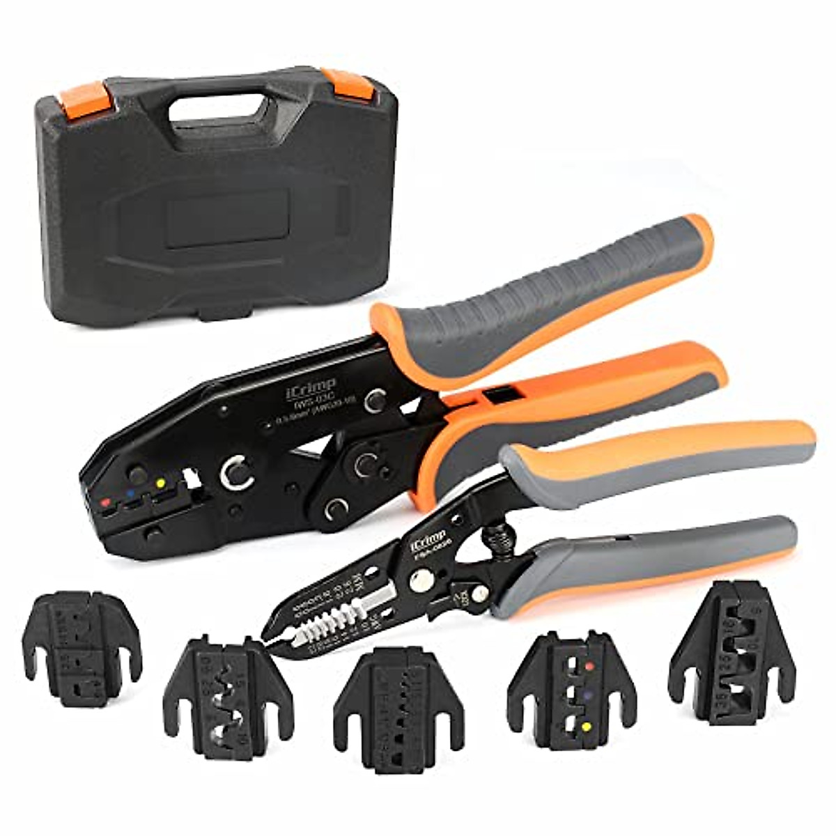 iCrimp Ratcheting Crimping Tool Set 8 PCS - Quick Exchange Jaw for Heat Shrink, Open Barrel, Insulated and Non-Insulated Ferrules AWG 20-2