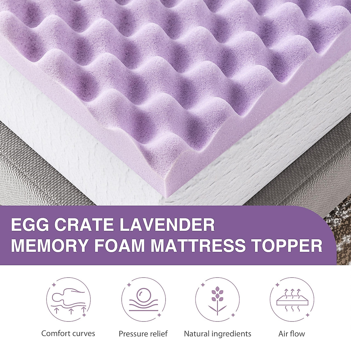 Dyonery 2 Inch Egg Crate Memory Foam Queen Mattress Topper, Soothing Lavender Infused, CertiPUR-US Certified, Cooling Sleep, Pressure Relief, 60"×80"×2"