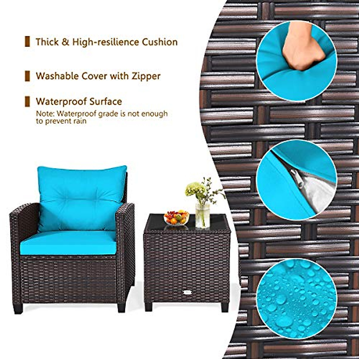 HAPPYGRILL 3-Piece Patio Furniture Set Outdoor Rattan Wicker Bistro Sofa Set Conversation Furniture with Cushion & Table