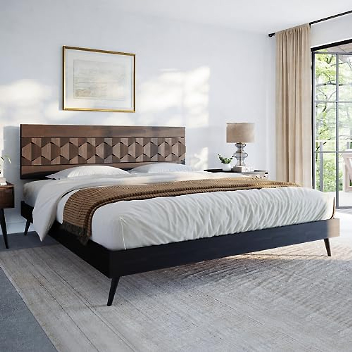 Bme Georgina King Bed Frame and Headboard, Handcrafted Geometric Pattern Solid Wood Platform Bed Frame, No Box Spring Needed, 12 Strong Wood Slats Support, Easy Assembly, Walnut