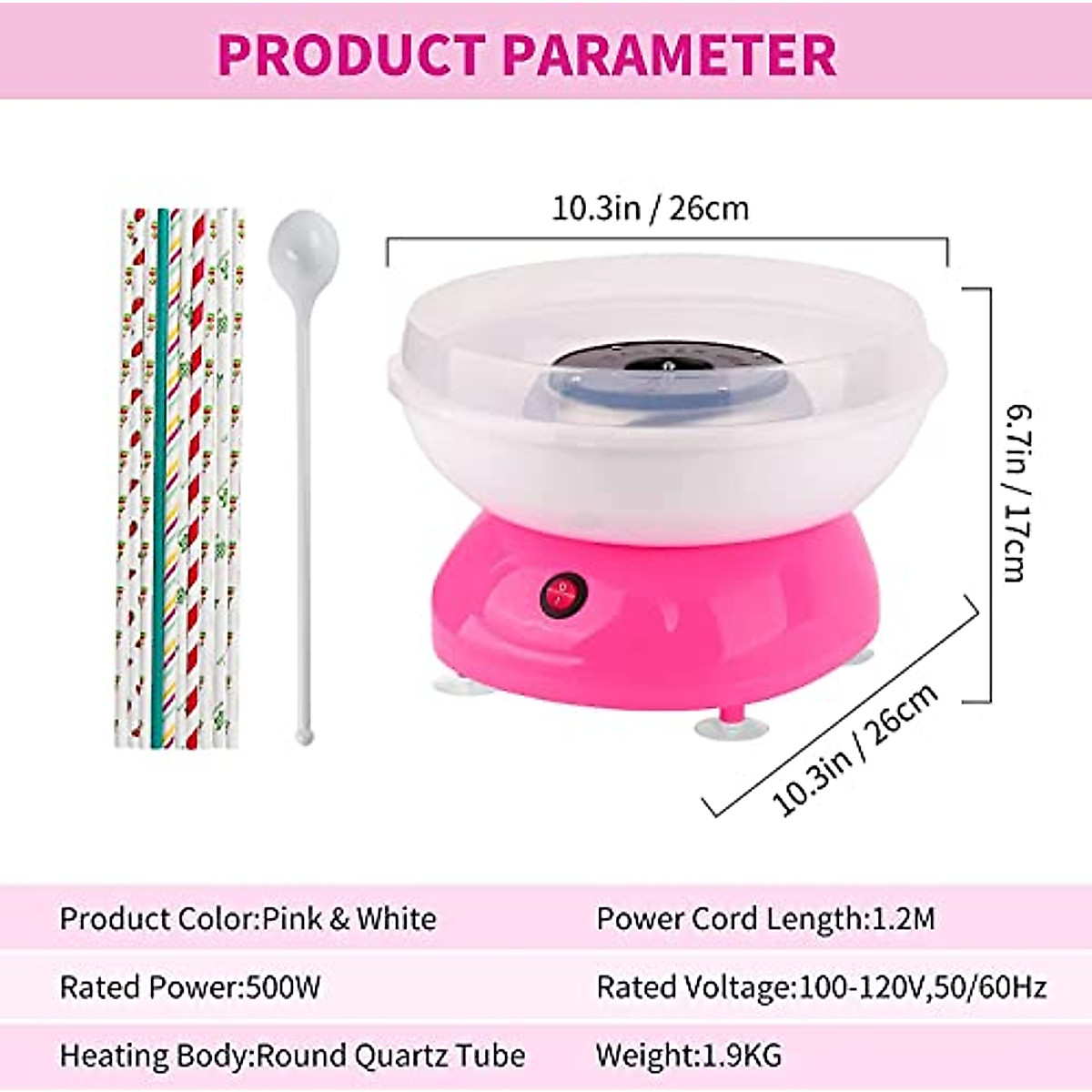 NODEMASH Cotton Candy Machine - 500W Portable with Large Splash-Proof Plate, Efficient Electric Heating Cotton Candy Machine Maker with 10 Marshmallow Sticks & Sugar Scoop for Kids Gift Birthday Party