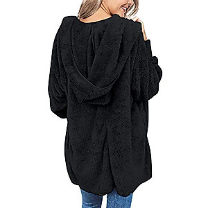 LookbookStore Lightweight Cardigan Women Faux Shearling Oversized Coat Shaggy Fuzzy Fleece Open Front Hooded Cardigan Black Fleece Jacket 2024 Winter Coats for Women Size L Size 12 14