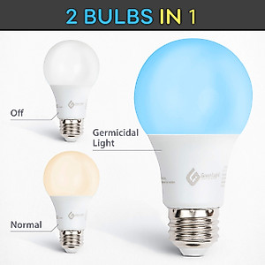 GLI Blue Light Germicidal Light Bulb – 100% Safe Non-UV - Switches from Sanitizer to Std 800 Lumens Bulb – Portable Disinfection, Screws into any E26 Socket – Kills 99% Germs & Pathogens – Ozone Free
