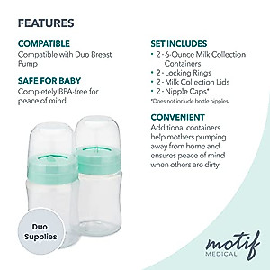 Motif Medical Breast Milk Storage Bottles for The Duo Breast Pump - Two 160mL Bottles for Breast Pump, with Sealing Discs and Lids - Milk Collection Containers