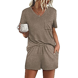RUBZOOF Pajamas for Women Shorts Set V Neck Casual Summer Short Sleeve Lounge Sets Grey XL