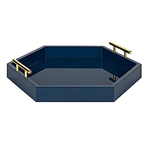 Kate and Laurel Lipton Hexagon Decorative Tray with Polished Metal Handles, Navy Blue and Gold