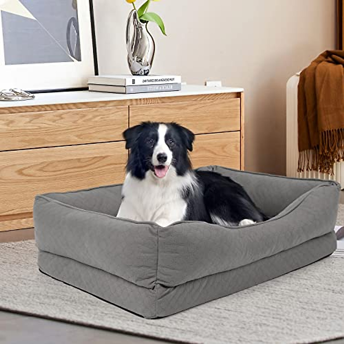 Dog Bed, Orthopedic Bolster Dog beds for Large Dogs, Egg Crate Foam Sofa with Removable Washable Bed Cover, Nonskid Bottom Couch, Pet Beds for Large&Extra Large Dogs
