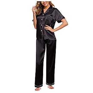 Aniywn Women's Satin Pajamas Sets Casual Short Sleeve and Long Pant Loose Underwear Nightwear Lingerie Silk Pajamas Suit Black
