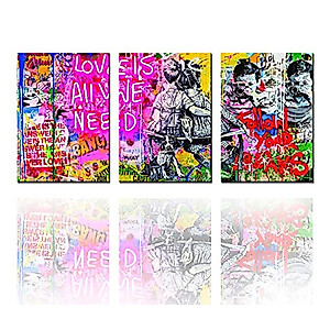 Graffiti Street Art Banksy Canvas Wall Art for Living Room Decor 3 Pieces Little Couple Picture Print Pop Artwork Lovely Kitchen Wall Decor Abstract Artwork Home Decor Room Wall Pictures 60x28 Inch