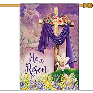 LHSION He is Risen Garden Flag 28 x 40 Inch Happy Easter Cross Religious Decorative Double Sided Burlap Flag for Spring Easter House Yard Decoration