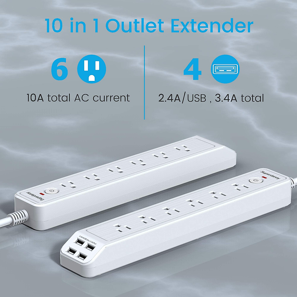 Power Strip, SUPERDANNY 6 Outlets 4 USB Ports Surge Protector, Wall Mountable, 5ft Extension Cord with Hook & Loop Fastener, Charging Station for iPhone iPad PC Home Office Dorm Travel, White