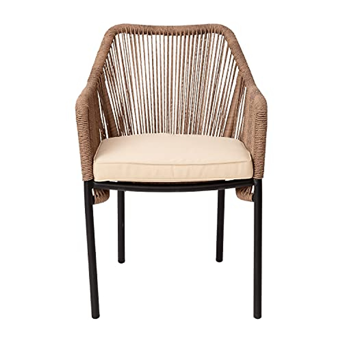 Flash Furniture Kallie Set of 2 Indoor/Outdoor Stacking Club Chairs with Arms - UV Resistant Woven Natural Seat - Ivory Zippered Cushions - Black Aluminum Frame