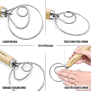 Awehoma Danish Dough Whisk Large Hand Mixer - 2 Pack Large 13” Stainless Steel & Wooden Danish Whisk - Dutch Style Artisan Blender for Bread, Batter, Cake, Pastry, and More - Gift for Bakers
