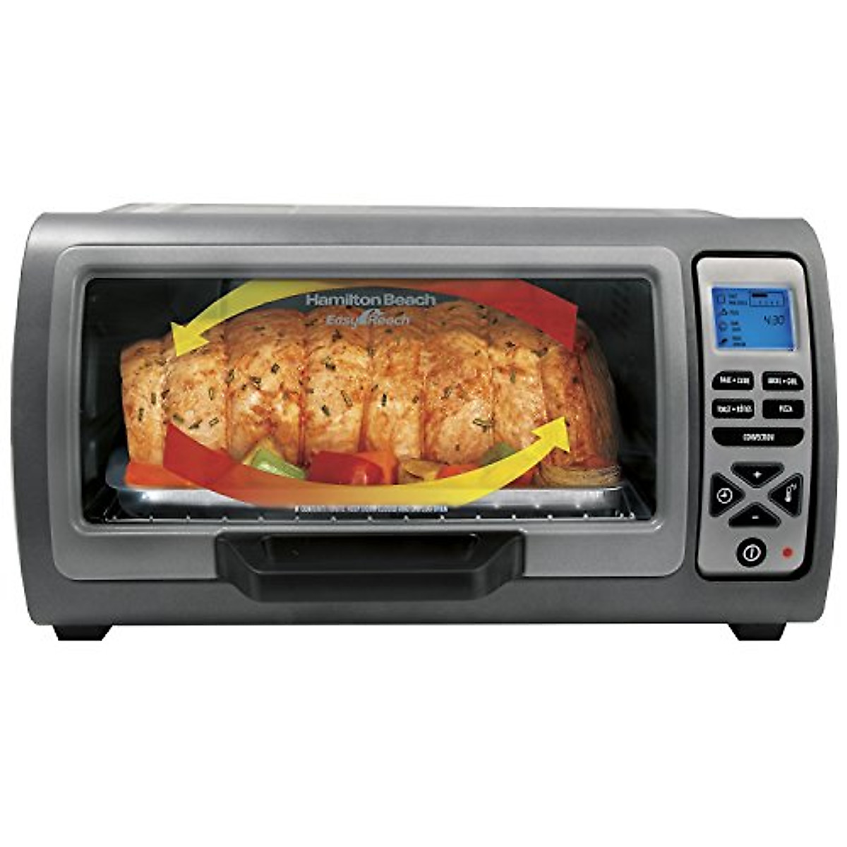 Hamilton Beach Digital Countertop Toaster Oven with Easy Reach Roll-Top Door, 6-Slice, With Bake Pan, Stainless Steel (31128)