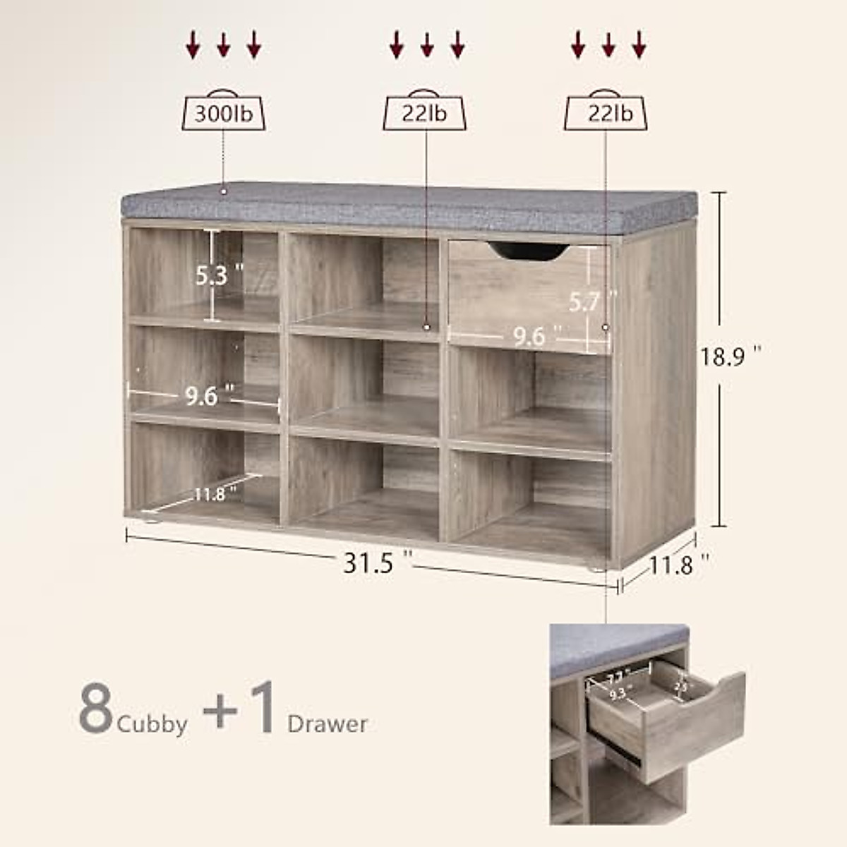 DINZI LVJ Shoe Bench,Entryway Storage Bench with Drawer and 8 Cubbies,Cubby Rack Adjustable Shelves,Shoe Organizer Cabinet for Living Room,Bedroom,Mudroom,Closet Garage,Greige (M04XD01XY01-1)