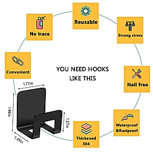 6 Pack Adhesive Towel Hooks Heavy Duty Stick on Wall Hooks Command Hooks Towel Hooks Door Hooks Waterproof Stainless Steel Kitchen Hooks, Adhesive Holders for Bathroom and Bedroom (6 Pcs Black)