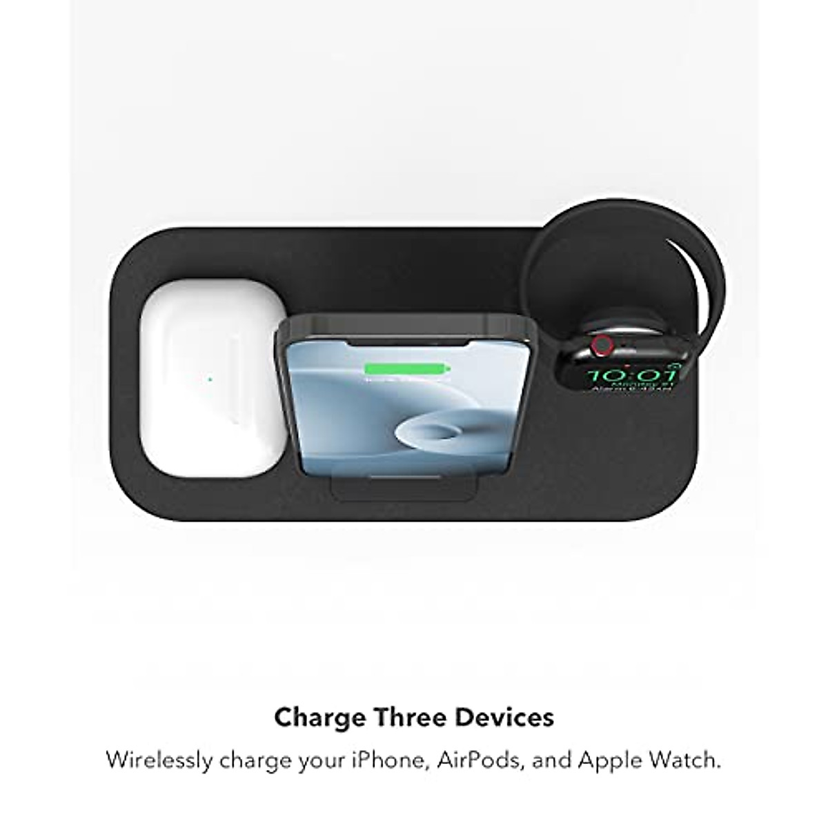 mophie 3-in-1 Wireless Charging Stand for Apple iPhone, AirPods/AirPods Pro & Watch, 7.5W Fast Charging, Stylish Gloss Finish, Portrait or Landscape Smartphone Charging Mode, Black