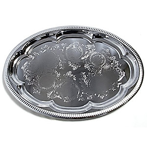 Maro Megastore (Pack of 4) 15.7 inch x 11.4 inch traditional oval flower pattern carving dining chrome plated dinner plate mirror plate plate plate metal tableware party Medium T225M-4PK