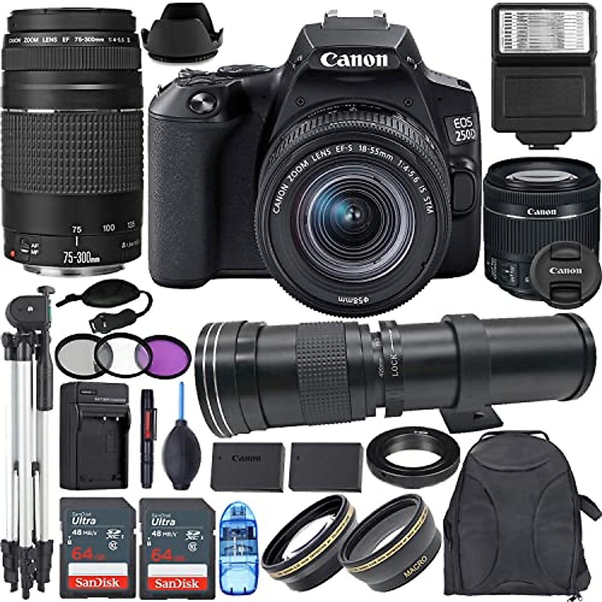 Camera Bundle for Canon 250D / SL3 DSLR Camera with 18-55mm f/4-5.6 is STM + 75-300mm f/4-5.6 III + 420-800mm Manual Focus Lens and Accessories Kit (128GB, Travel Charger, Tripod, and More)