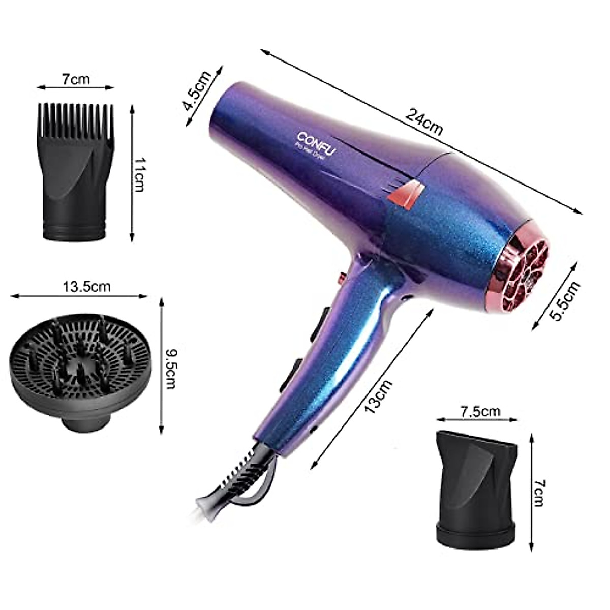 CONFU Professional Hair Dryer, Compact Blow dryer, Negative ionic Hair Dryer With Diffuser And Concentrator, For Quick Drying, ETL Certified, Purple