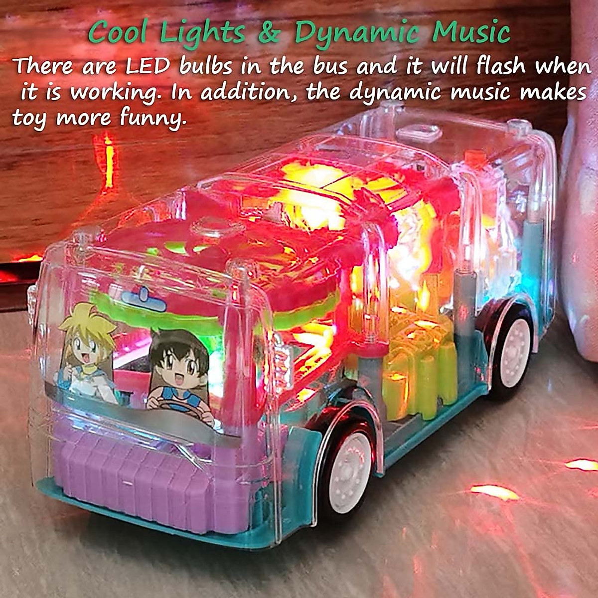 Miracland Transparent Mechanical Gear Bus, Transparent Gear Car Toy Concept Racer Toy Electronic Vehicle Toy Universal Wheel Car Toy STEM Car Toy with Lights and Music (Bus)