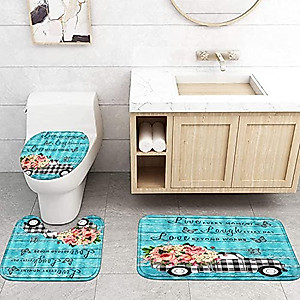 jieprom 4PCS Rose Flower Truck Shower Curtain Set with Non-Slip Rugs, Toilet Lid Cover and Bath Mat, Teal Shower Curtain with 12 Hooks, Insipirational Bathroom Decor Set, Love, Live and Laugh