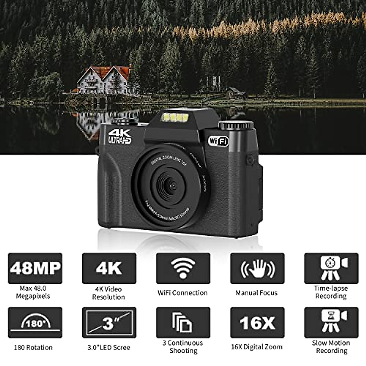 Digital Cameras for Photography, 4K 48MP Vlogging Camera for YouTube with WiFi, Manual Focus, 16X Digital Zoom, 52mm Wide Angle Lens & Macro Lens, 32GB TF Card and 2 Batteries