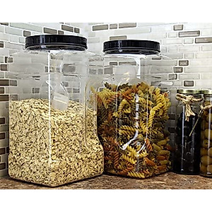 Cornucopia Square Gallon Size Clear Plastic Canisters (2-Pack); 4-Quart Jar Grip Containers w/ Plastic Scoops; BPA-Free