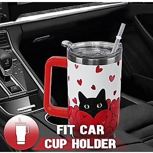Nqhsionv Valentines Cat Tumbler with Handle 40 oz Cute Black Cat Love Hearts Coffee Travel Mug Stainless Steel Insulated Cup Valentines Anniversary Wedding Birthday Gifts for Women Cat Lover