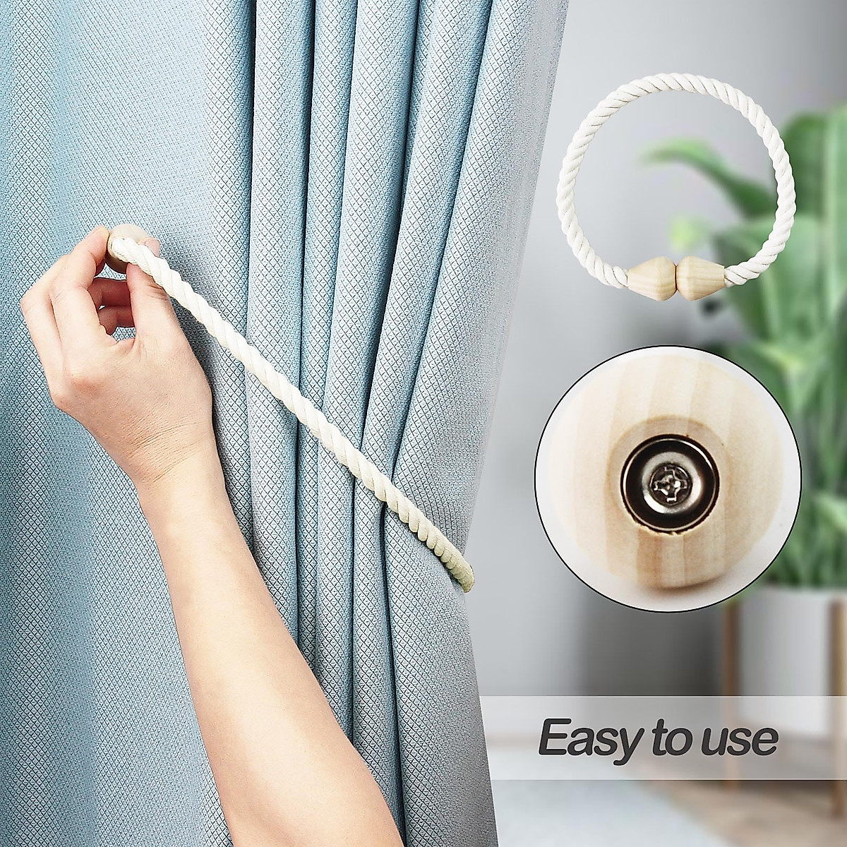 Hangtty Magnetic Curtain Tiebacks 2 Pack Cotton Boho Curtain Tie Back Decorative Rope Holdbacks for Curtains Draperies Outdoor Window Treatment Holdbacks, Cream