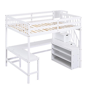 Full Size Loft Bed with Stairs and Desk, Wood Loft Beds with Storage Staircase, High Loft Bed Frame with Bookcase Shelves & L-Shape Desk for Kids, Teen, Boys, Girls, White