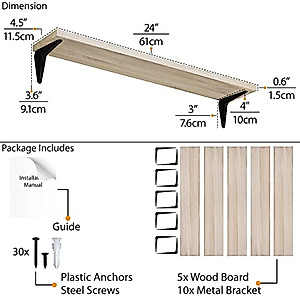 Wallniture Arras 24"x4.5" Floating Shelves Wall Mounted, Living Room Wall Bookshelf, Office Wall Decor & Floating Shelf for Kitchen, Wall Shelves for Bedroom Set of 5, Natural Wood Shelf